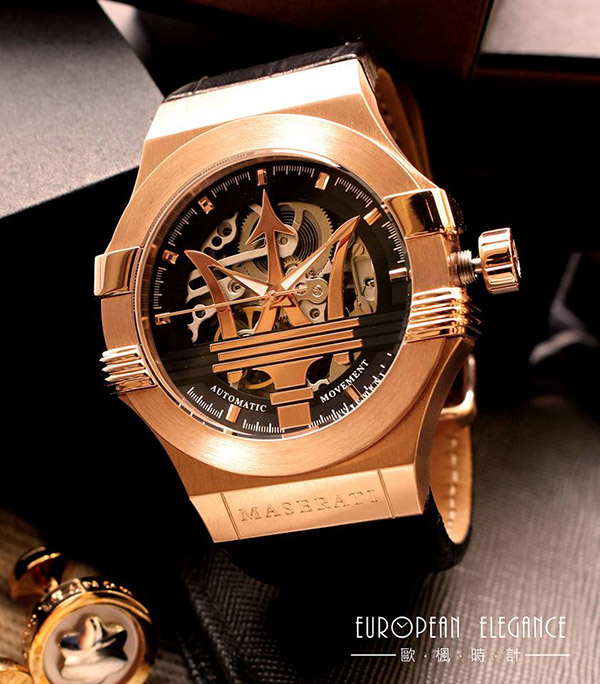 【Maserati 瑪莎拉蒂】POTENZA 經典LOGO鏤空機械真皮腕錶-黑金款/R8821108039 - PChome 24h購物